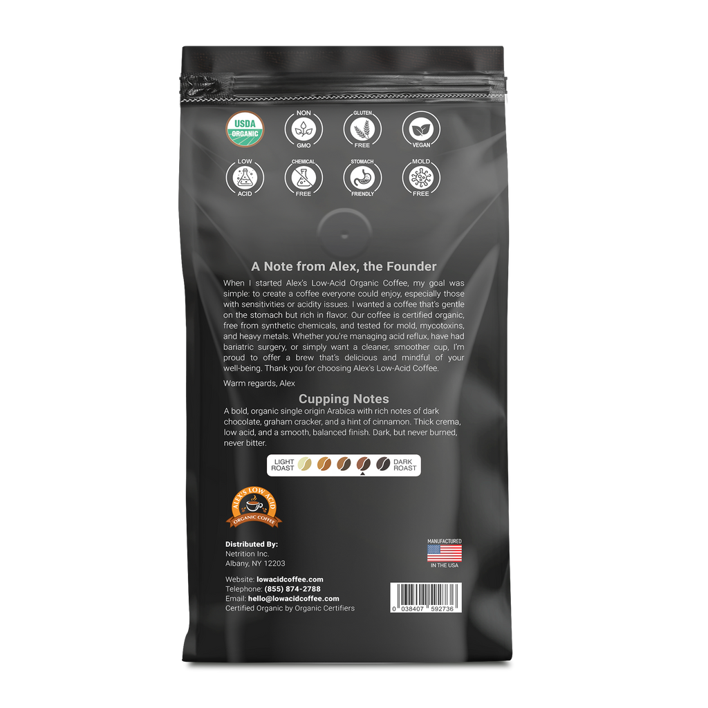 Alex's Low Acid Organic Coffee™ - Espresso Whole Bean (12oz)
